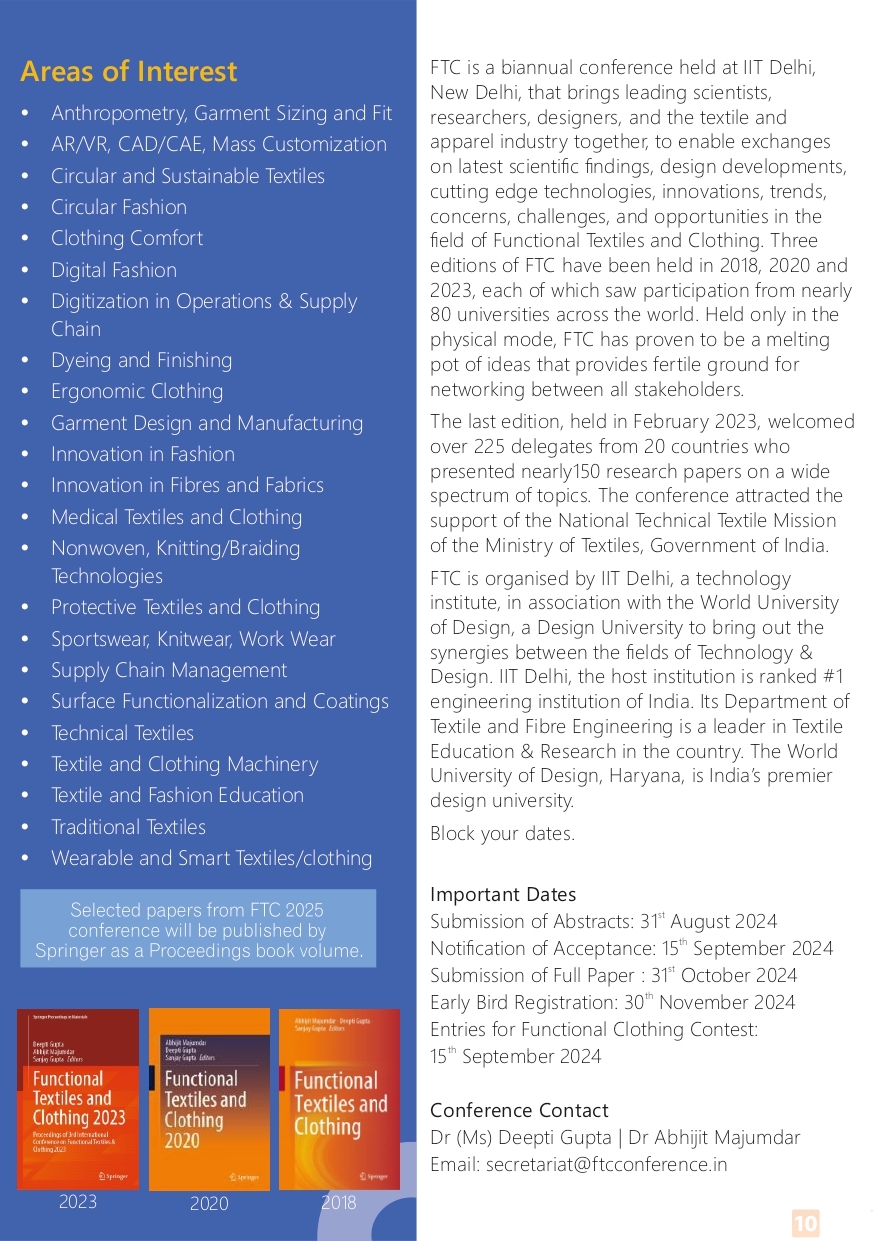 FTC (Jan 2025), International Conference on Functional Textiles & Clothing, New Delhi India ...